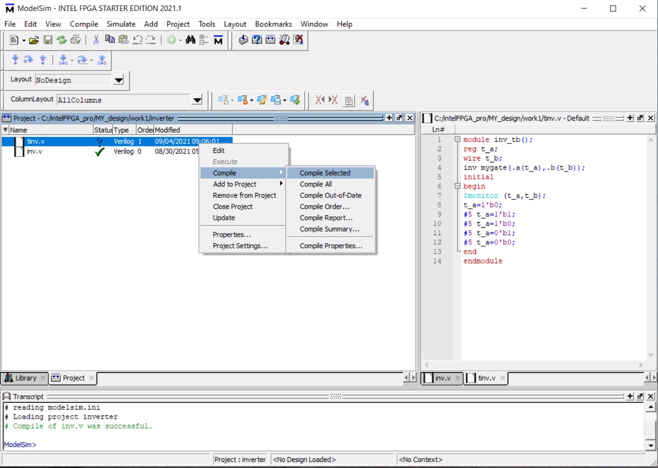 Modelsim Tutorial Inverter Verilog Code And Testbench Simulation Circuit Generator